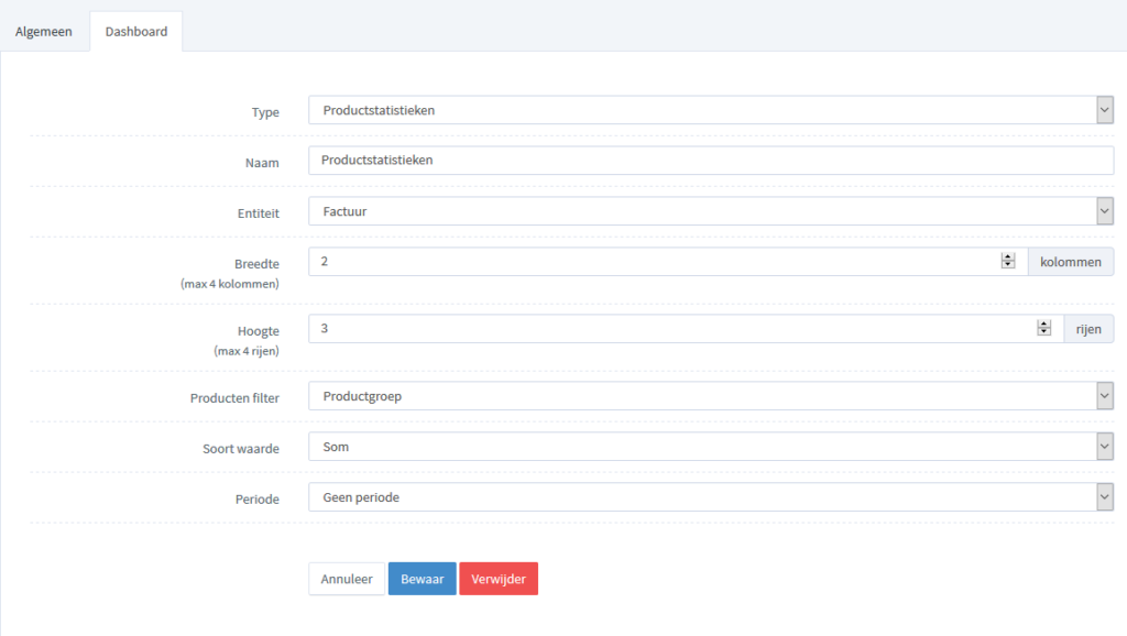 Dashboard widgets instellen – Optedo ERP